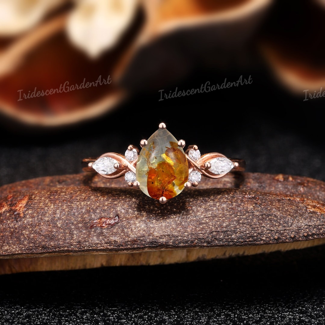 Vintage Amber Enagement Ring Unique Gold Moissanite Wedding Ring ...