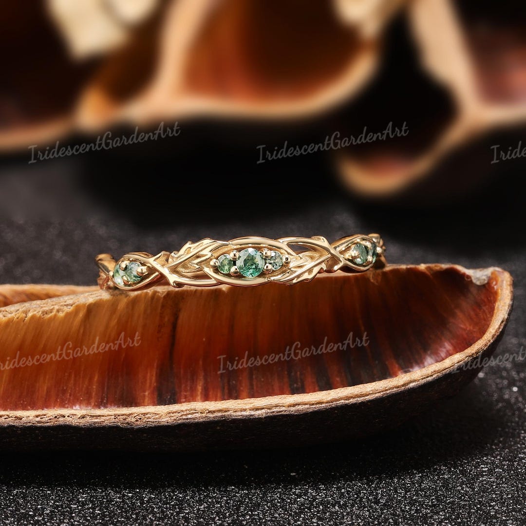 Nature Inspired Moss Agate Wedding Band Leaf Design Twist Ring Yellow ...