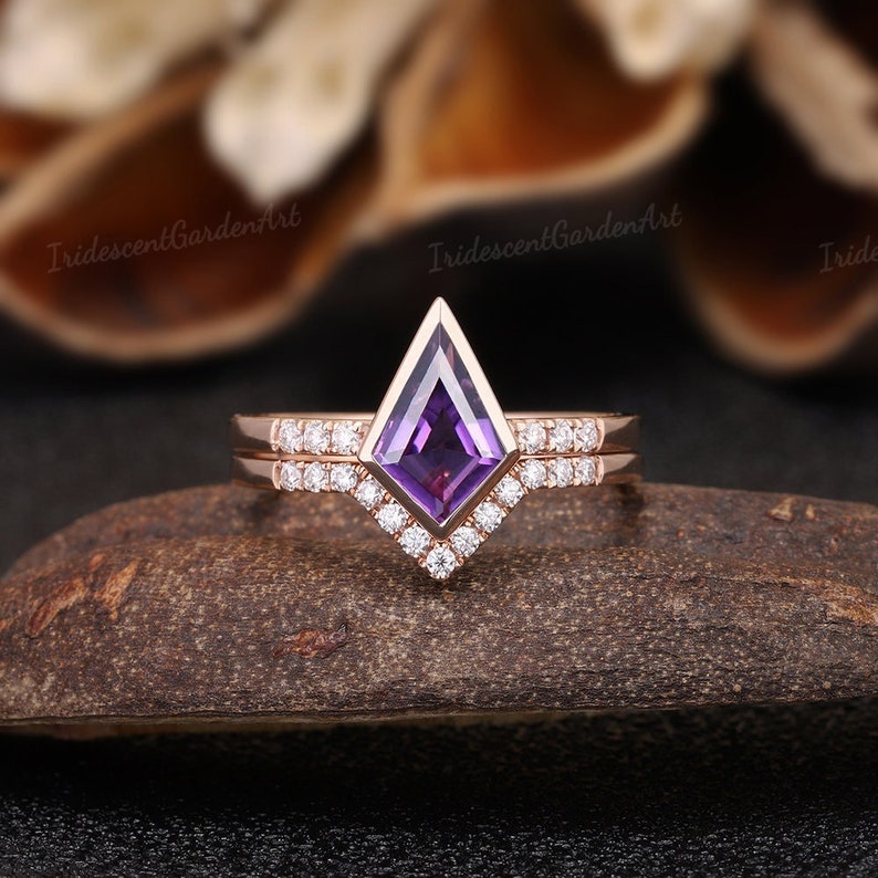 Dainty Kite Cut Amethyst Engagement Ring Set Purple Staight Bridal Ring ...