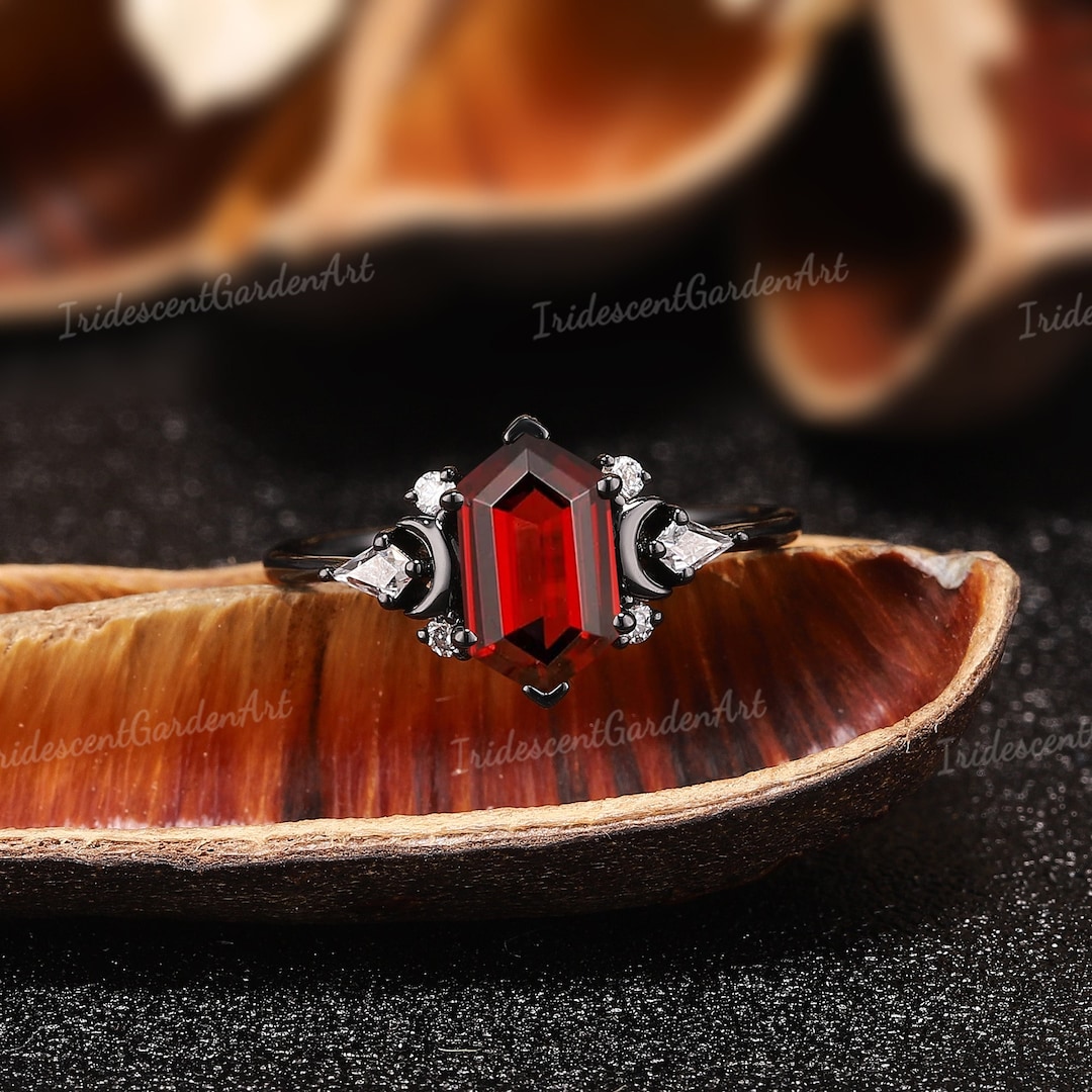 Hexagon Garnet Gothic Engagement Ring Black Gold Moon Ring Unique ...