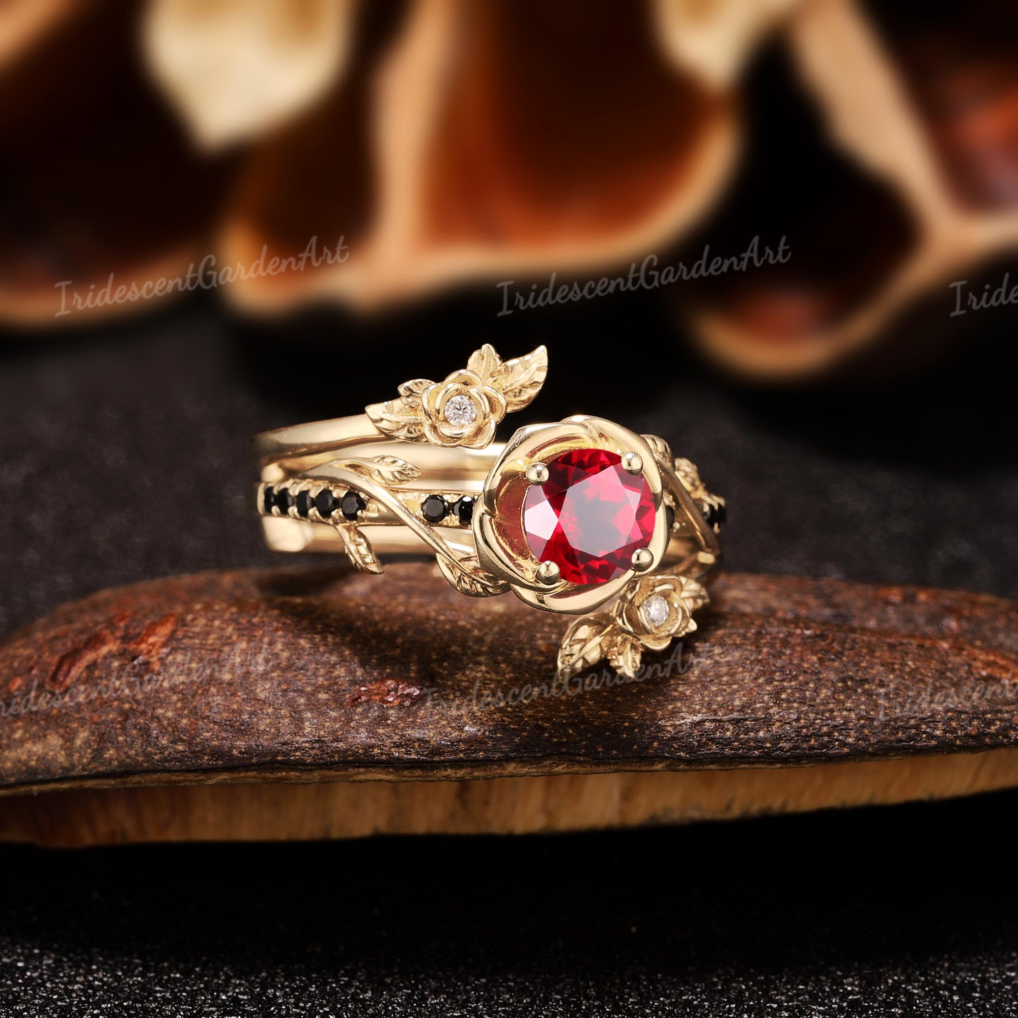 Rose Flower Red Ruby Engagement Ring Set Solid Gold Black Onyx Wedding ...
