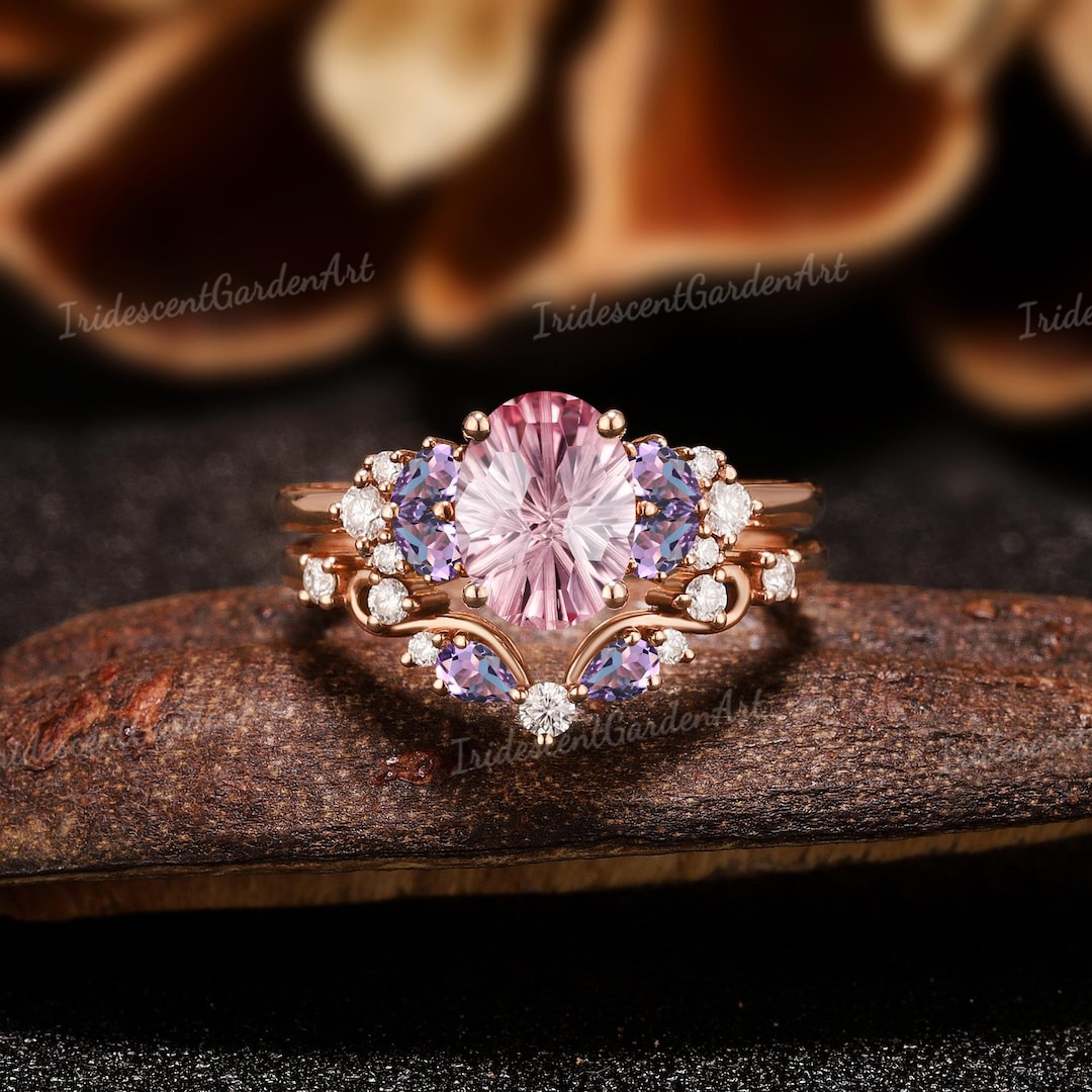 Fireworks Cut Pink Sapphire Engagement Ring Set Amethyst Diamond ...