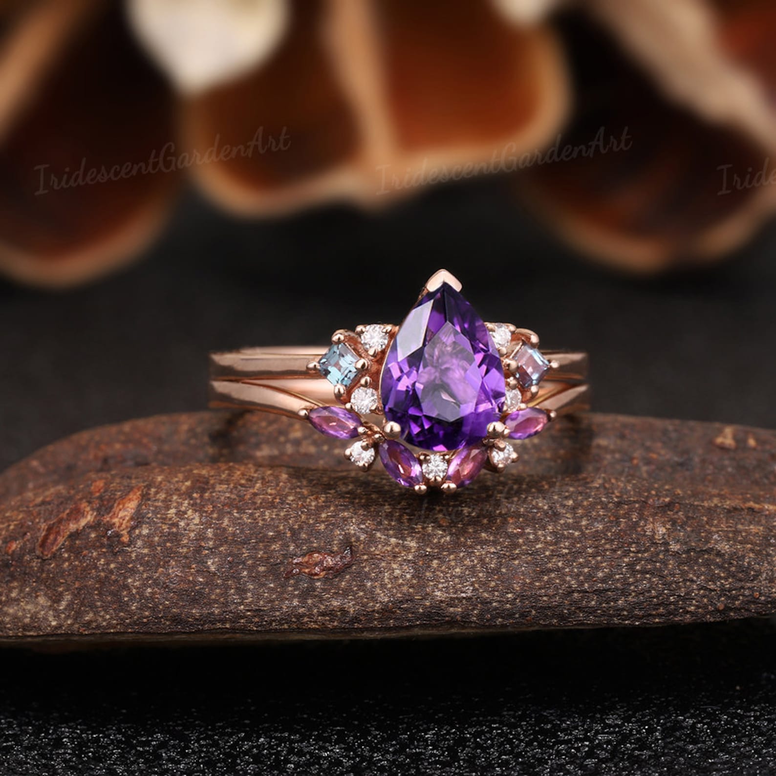 Vintage Amethyst Engagement Ring Set Art Deco Purple Gemstone Stacking ...