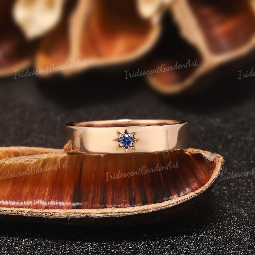 Vintage Sapphire Mens Wedding Ring Starburst Unisex Wedding Band Solid ...