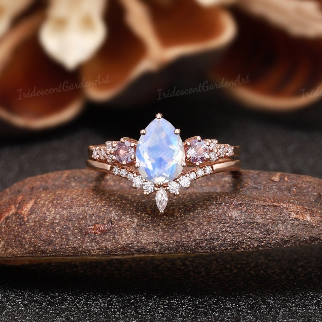Art Deco Moonstone Wedding Ring Set Pear Cut Moonstone Engagement Rings ...