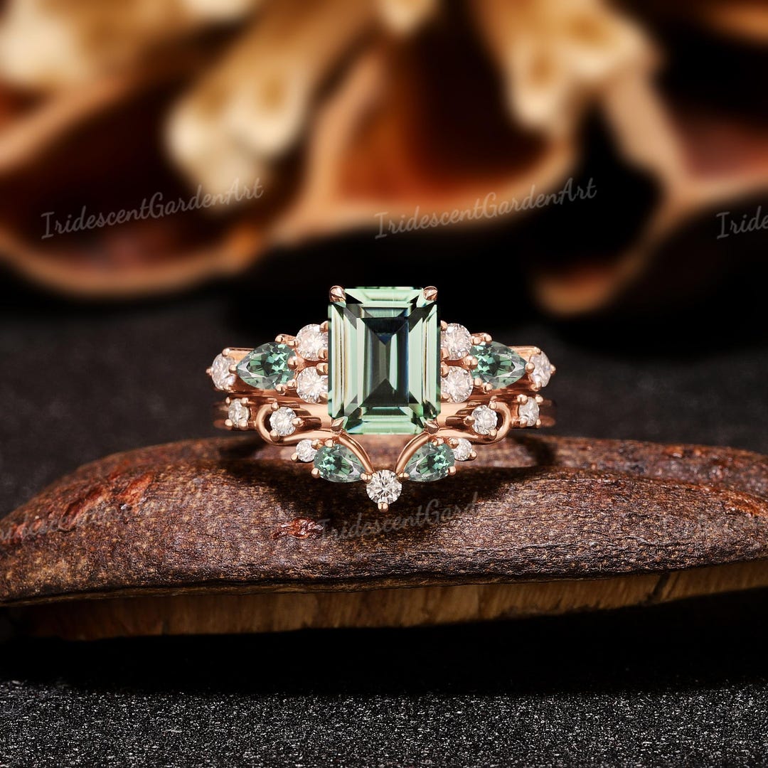 Emerald Cut Green Sapphire Engagement Ring Set Moissanite Cluster Ring ...
