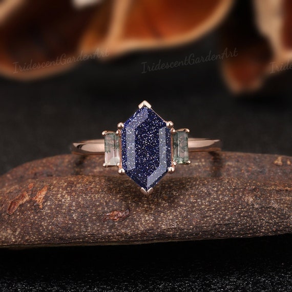 Unique Blue Sandstone Engagement Ring Rose Gold Elongated - Etsy