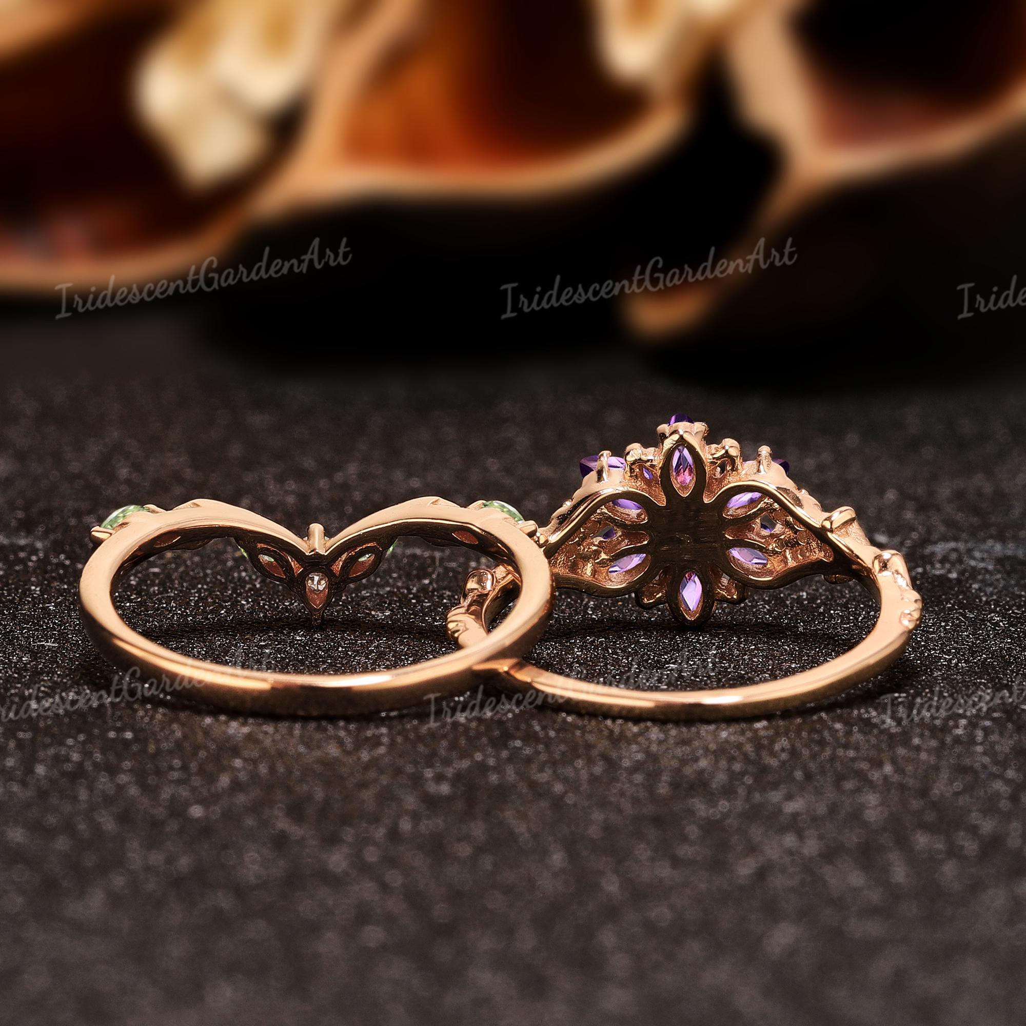 Flower Purple Sapphire Engagement Ring Set Leaf Peridot Wedding Band ...