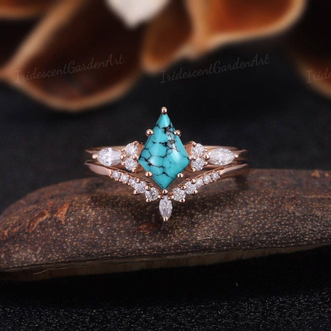 Unique Kite Turquoise Engagement Ring Set Rose Gold Blue Turquoise ...
