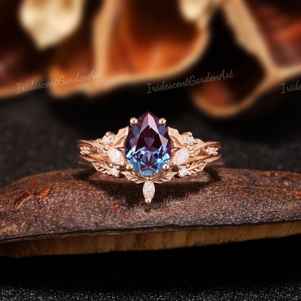 Leaf Design Alexandrite Engagement Ring Set Gold Moissanite Cluster ...
