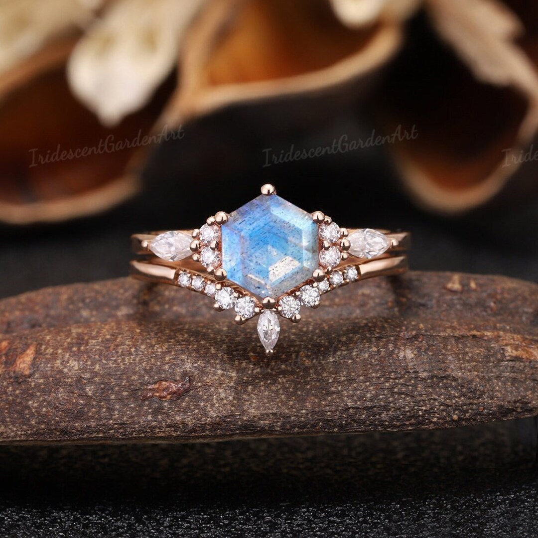 Unique Labradorite Wedding Rong Set Vintage Moissanite Engagement Rings ...