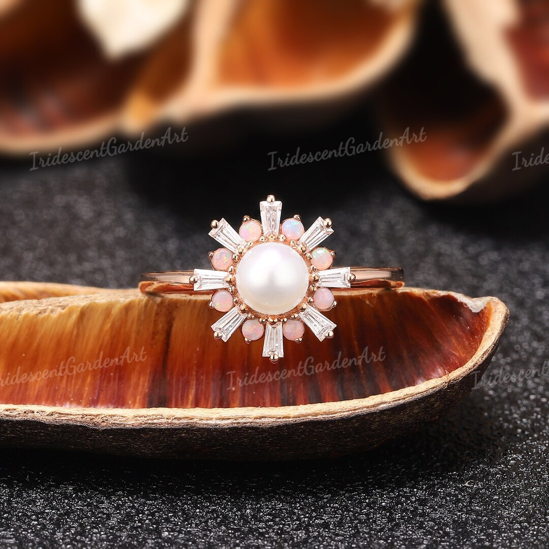 Antique Akoya Pearl Engagement Ring Art Deco Rose Gold Ring Natural ...