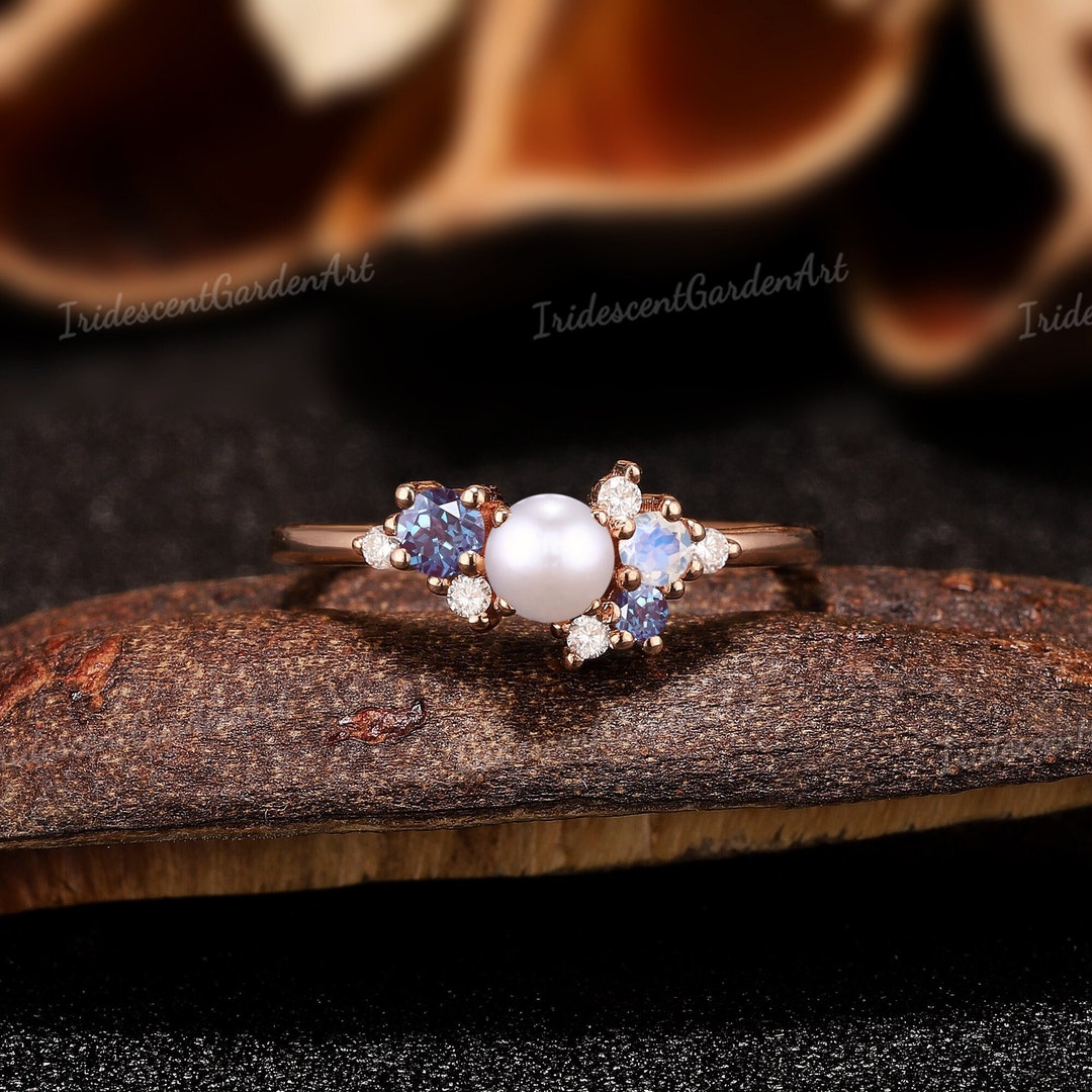 Akoya Pearl Engagement Ring Alexandrite Ring Gold Moonstone Moissanite ...