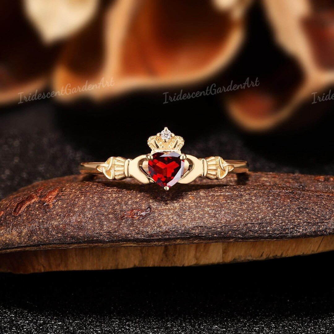 Heart Red Garnet Claddagh Engagement Ring Irish Crown Promise Ring ...