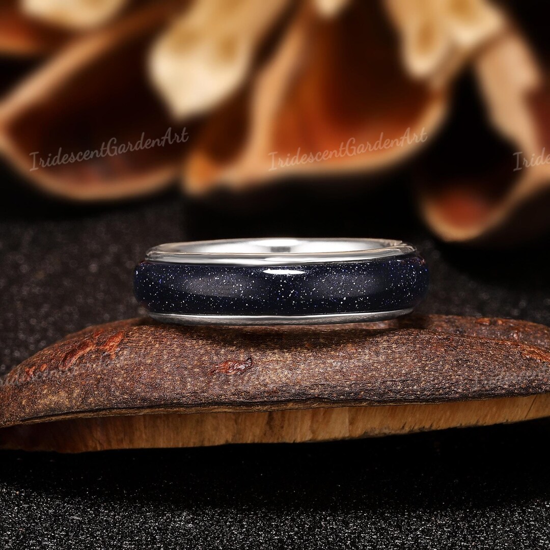 Galaxy Blue Sandstone Men's Wedding Band Outer Space Ring Solid Gold ...