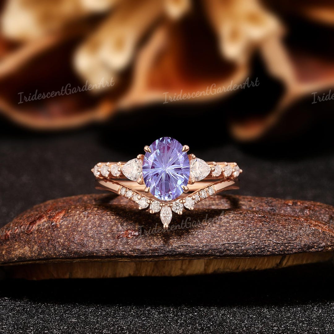 Fireworks Cut Alexandrite Engagement Ring Set Triangle Cut Moissanite ...