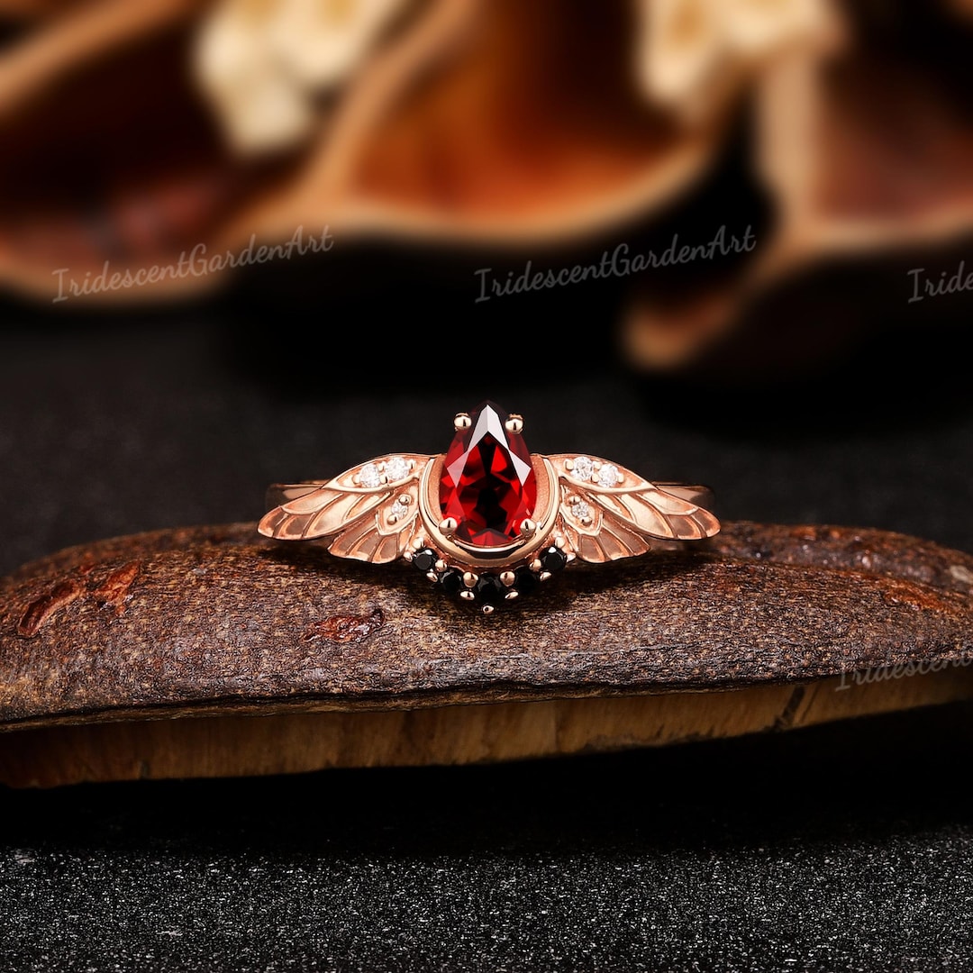 Mystic Lunar Moth Ring Whimsical Garnet Engagement Ring Moon Celestial ...