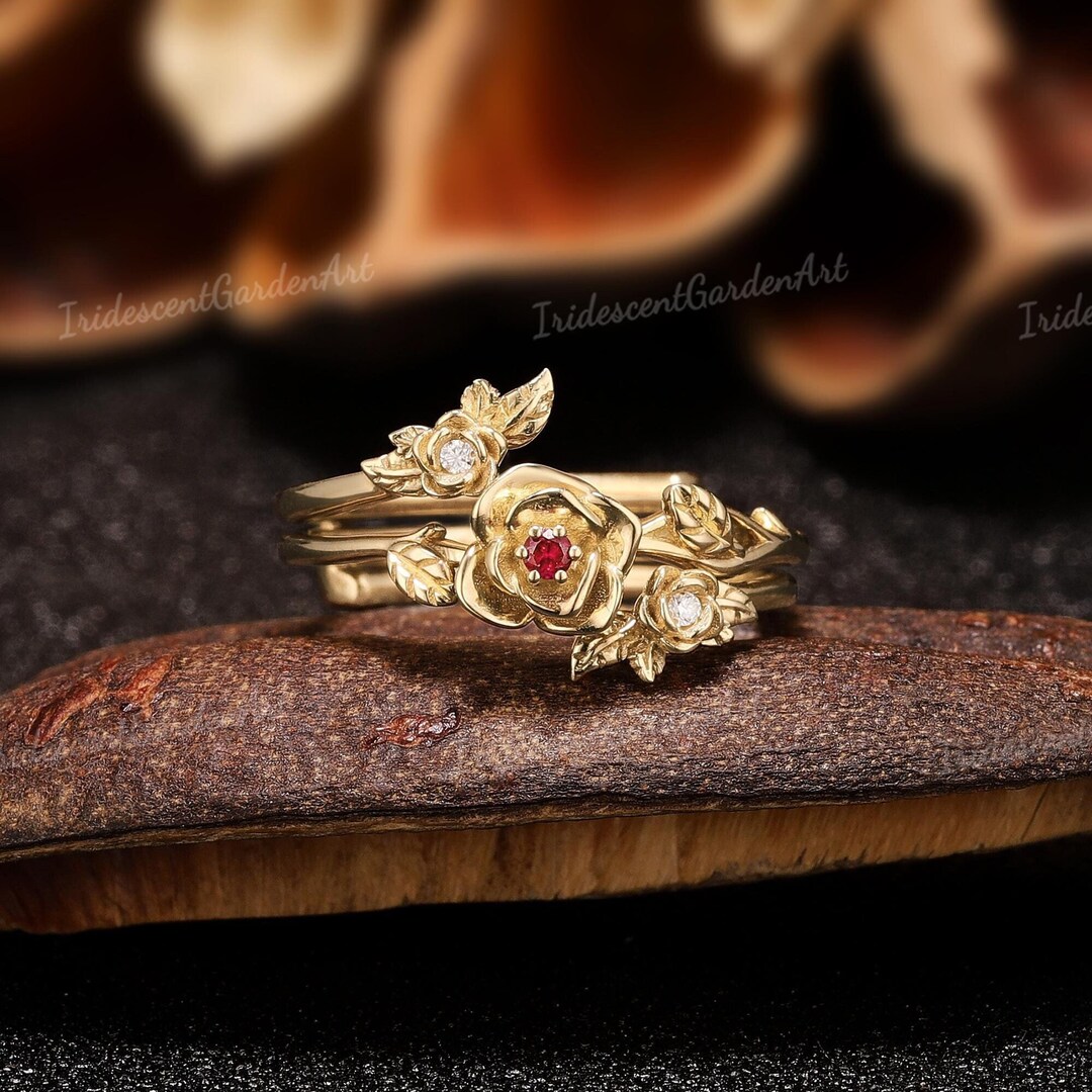 Rose Flower Red Ruby Engagement Ring Set Solid Gold Floral Rings for ...