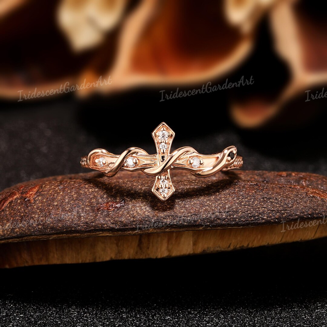 Snake Entanglement Cross Ring Gothic Gold Diamond Wedding Rings for Women Unique Black Onyx ...