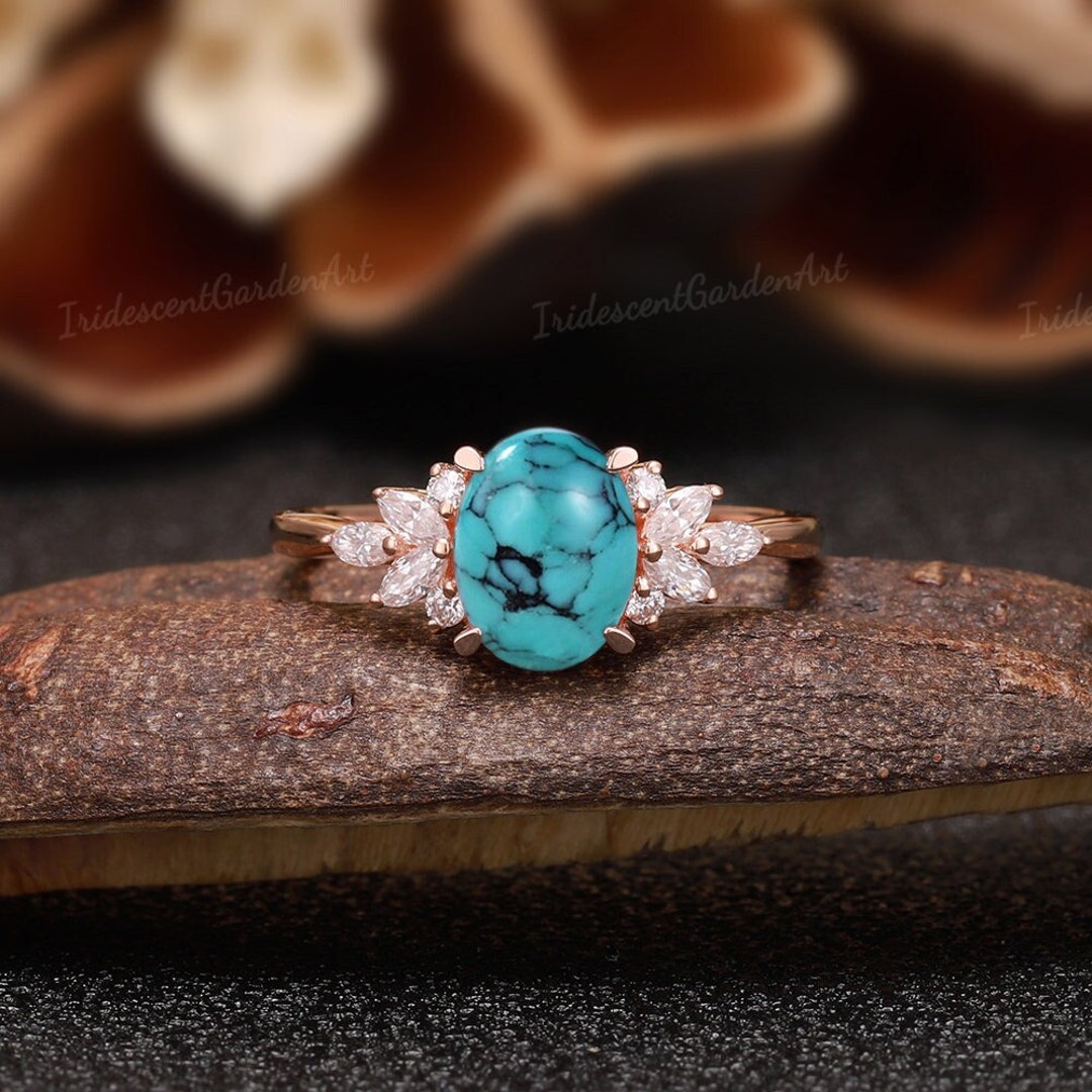 Unique Turquoise Engagement Ring Moissanite Cluster Wedding Ring for ...