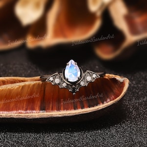 Vampire Moonstone Engagement Ring Gothic Black Gold Bat Wings Ring ...