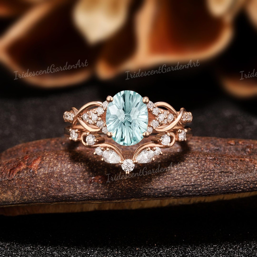 Fireworks Cut Light Green Sapphire Engagement Ring Set Moissanite ...