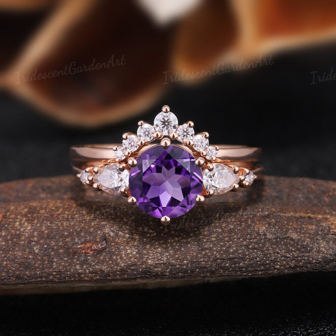 Unique Amethyst Engagement Ring Set Rose Gold Round Purple Crystal Ring ...