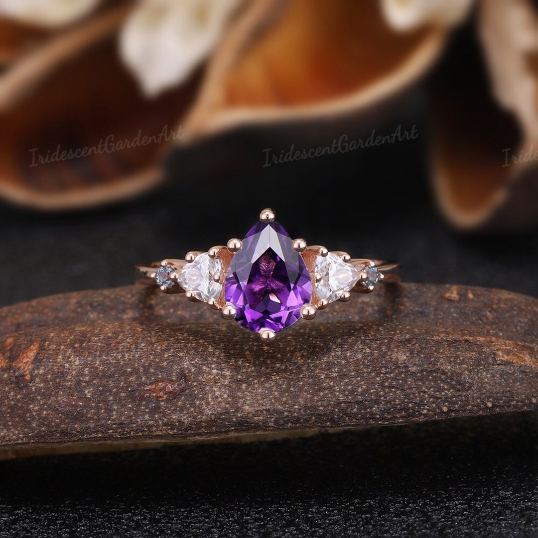 Unique Amethyst Engagement Rings Triangle Cut Moissanite Cluster ...