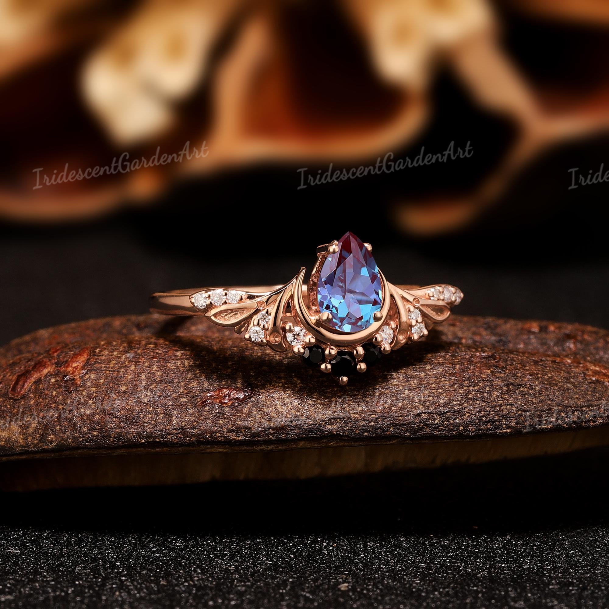 Luna Moth Ring Alexandrite Engagement Ring Gothic Black Onyx Ring Rose ...