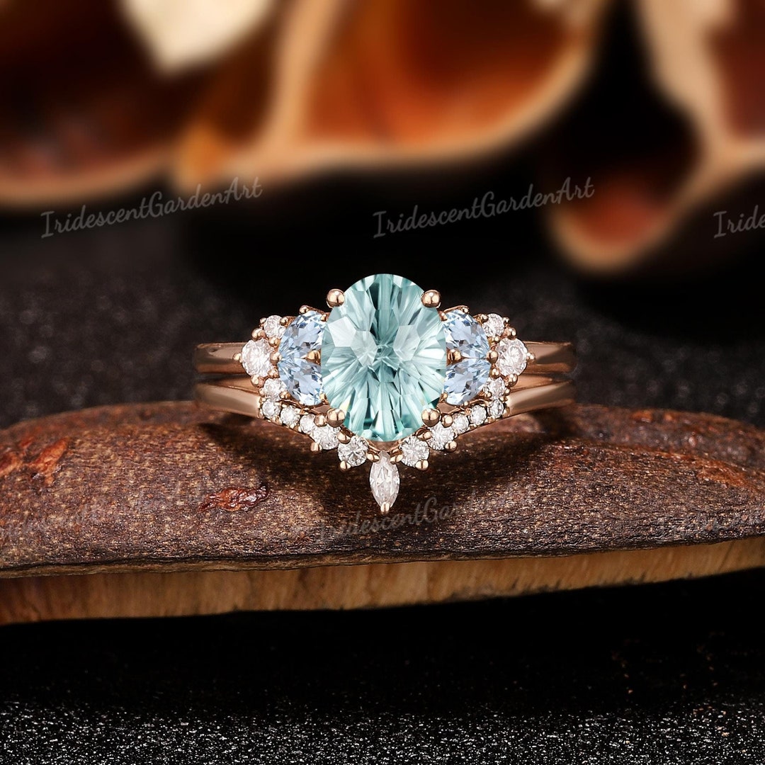 Fireworks Cut Light Green Sapphire Engagement Ring Set Aquamarine Gold ...