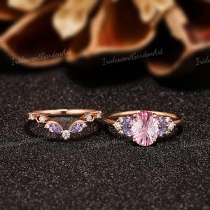 Fireworks Cut Pink Sapphire Engagement Ring Set Amethyst Diamond ...