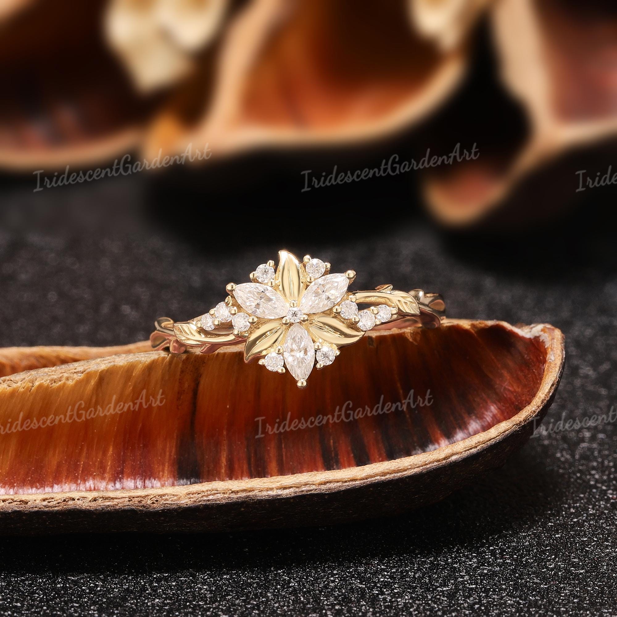 Nature Inspired Flower Leaf Ring Marquise Moissanite Engagement Ring ...