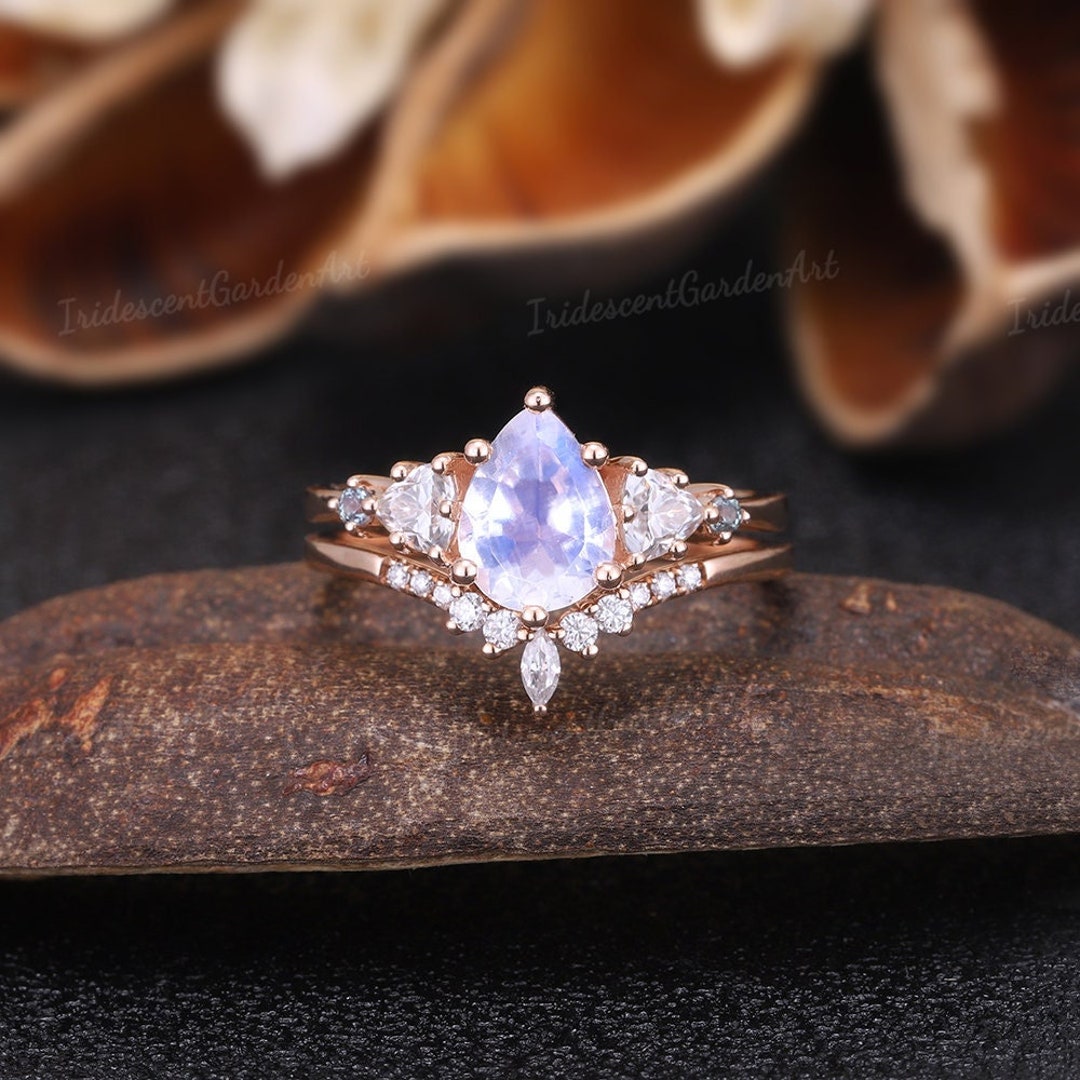 Unique Moonstone Engagement Ring Set Art Deco Moissanite Curved ...