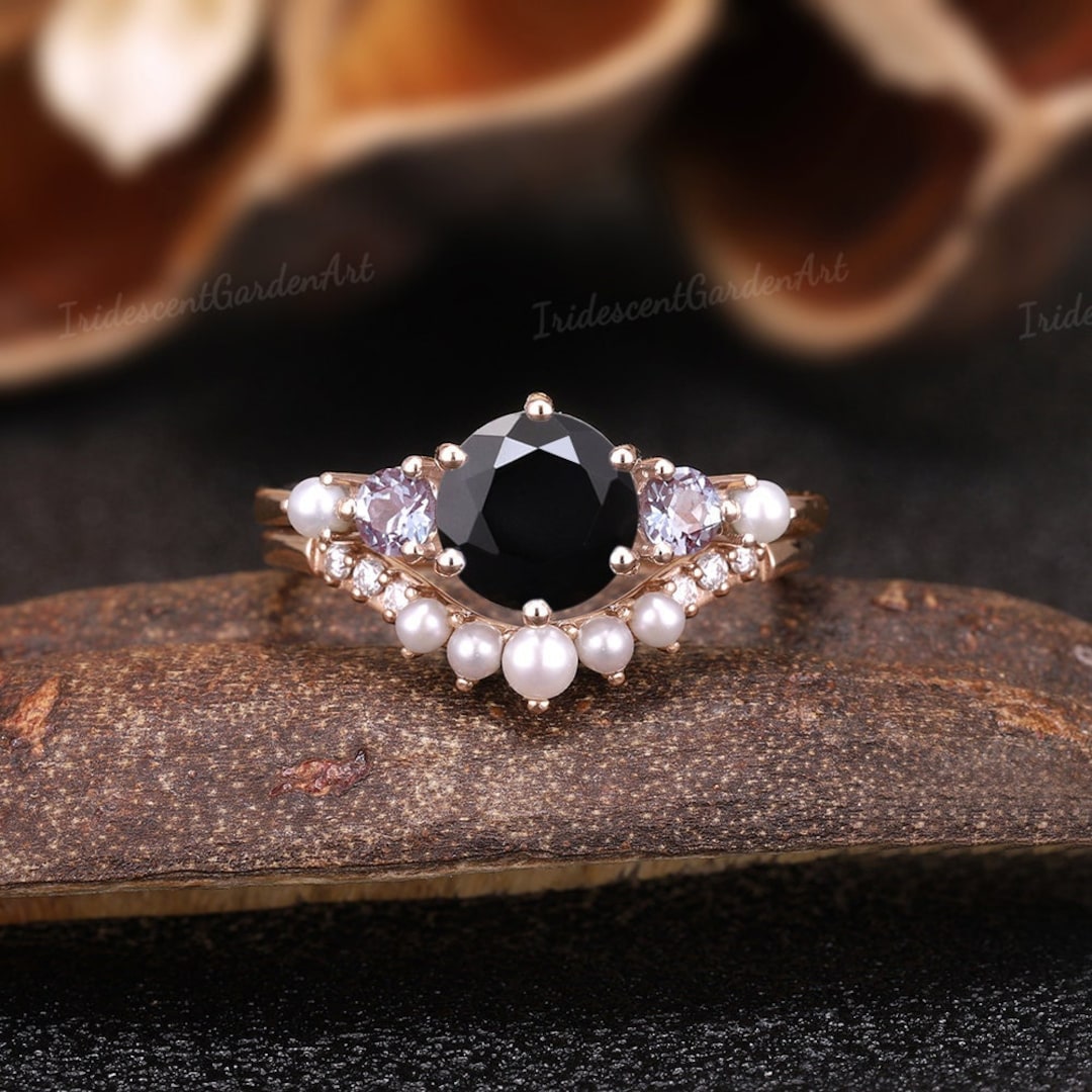 Unique Black Onyx Engagement Ring Set Vintage Pearl Promise Ring ...