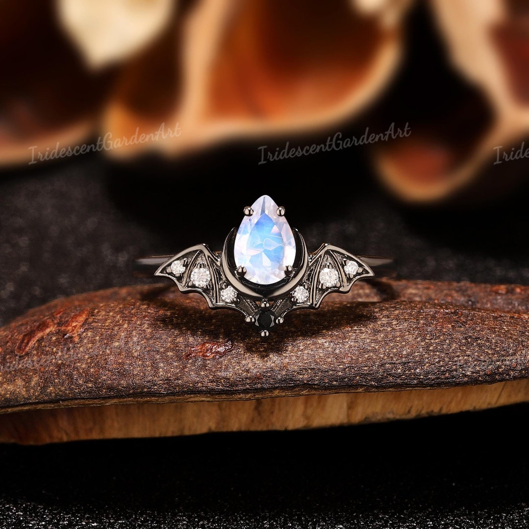 Vampire Moonstone Engagement Ring Gothic Black Gold Bat Wings Ring ...