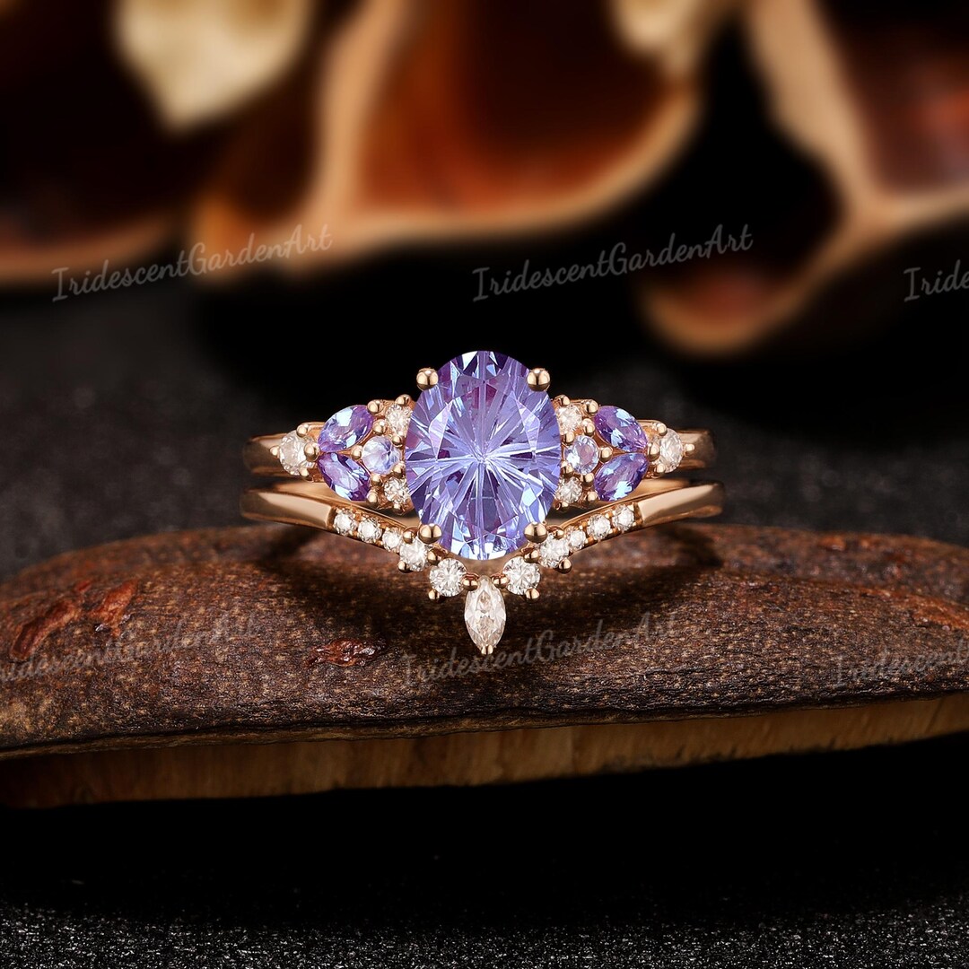 Fireworks Cut Alexandrite Engagement Ring Set Rose Gold Moissantie ...