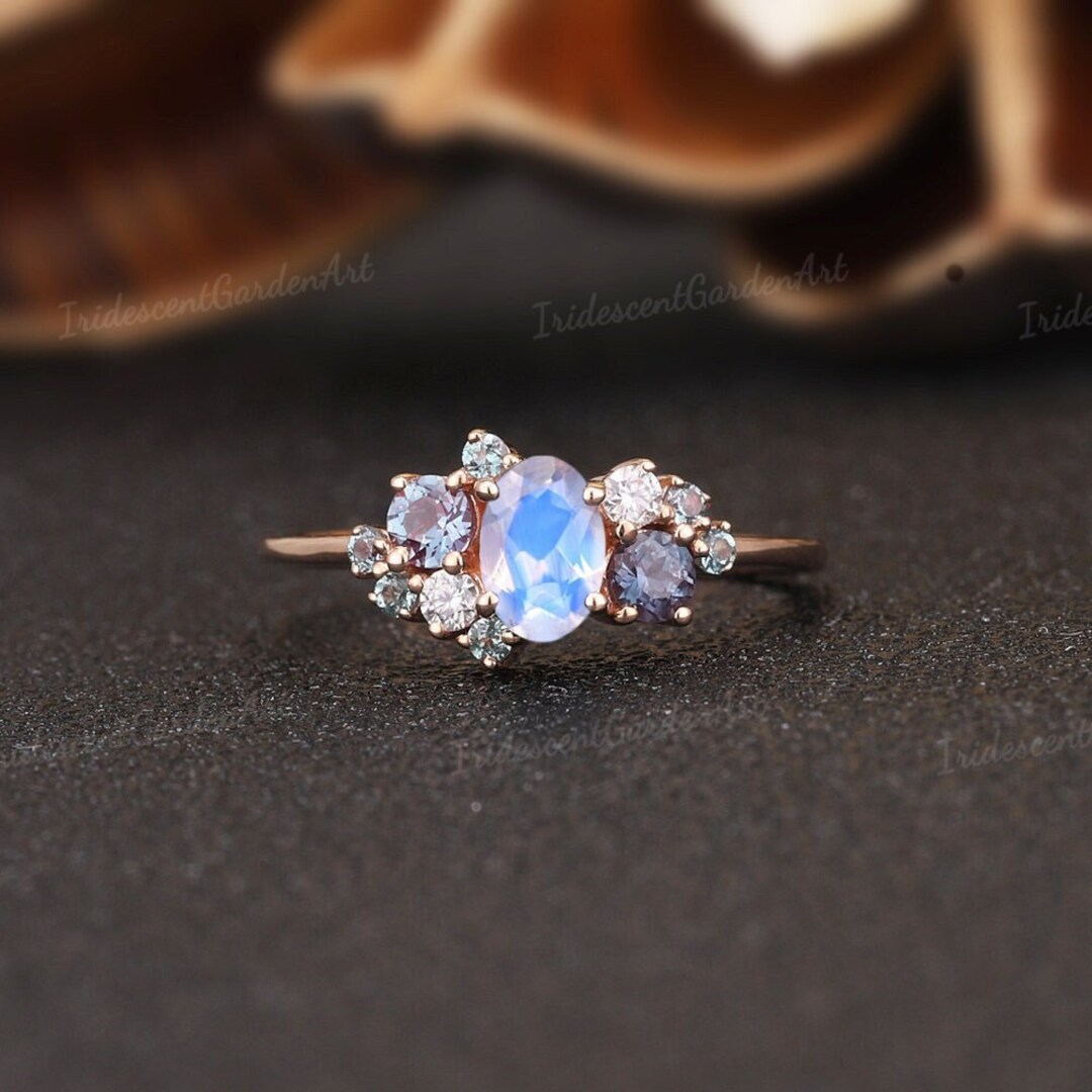 Vintage Blue Moonstone Engagement Rings Unique Gemstone Promise Wedding ...