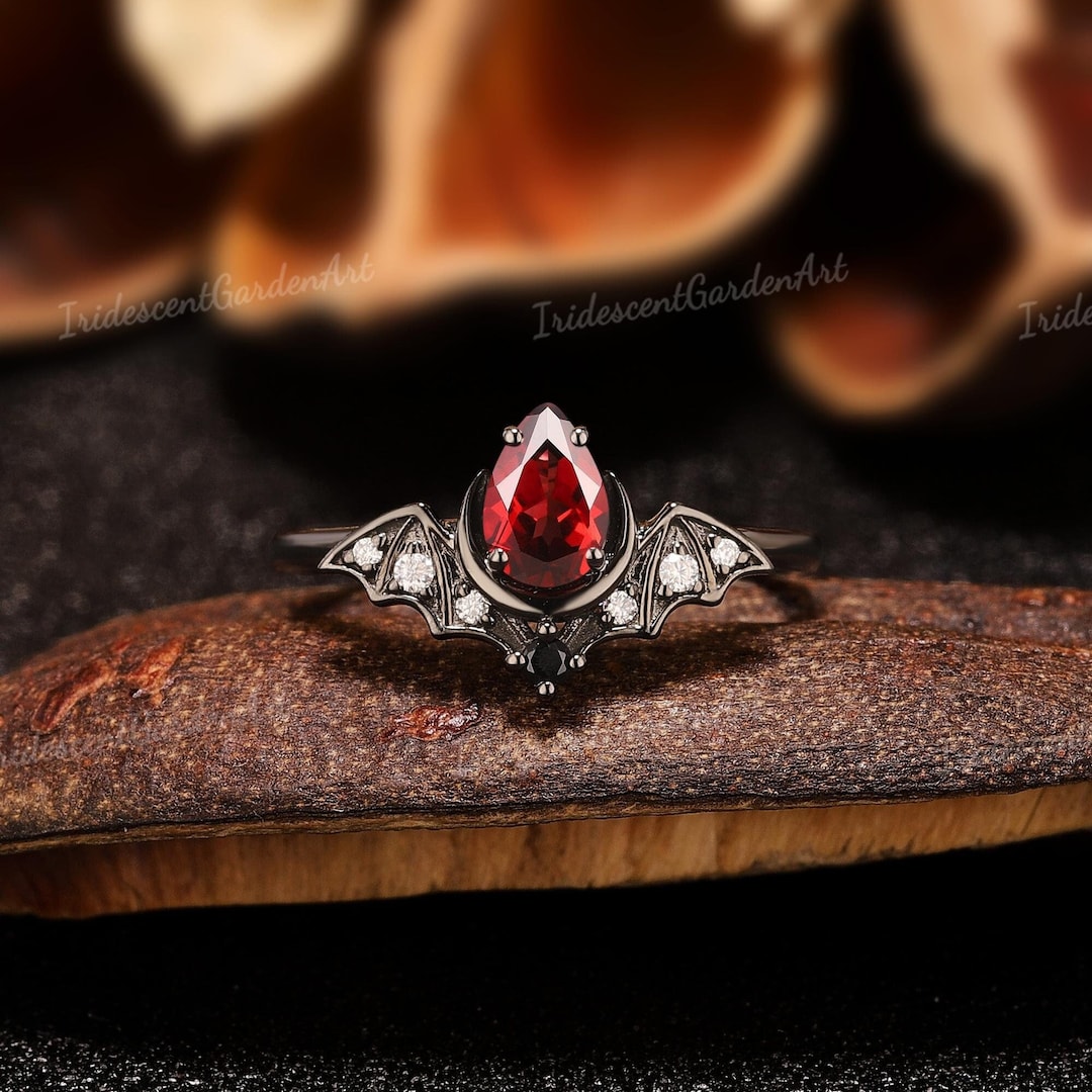 Vampire Pear Cut Garnet Gothic Engagement Ring Moon Black Gold Bat ...