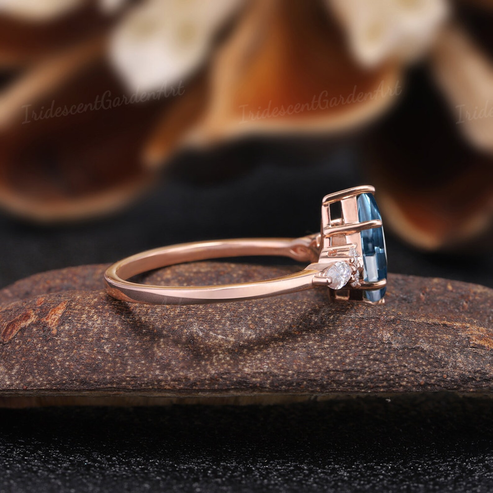 Unique London Blue Topaz Engagement Ring Vintage Rose Gold Marquise ...
