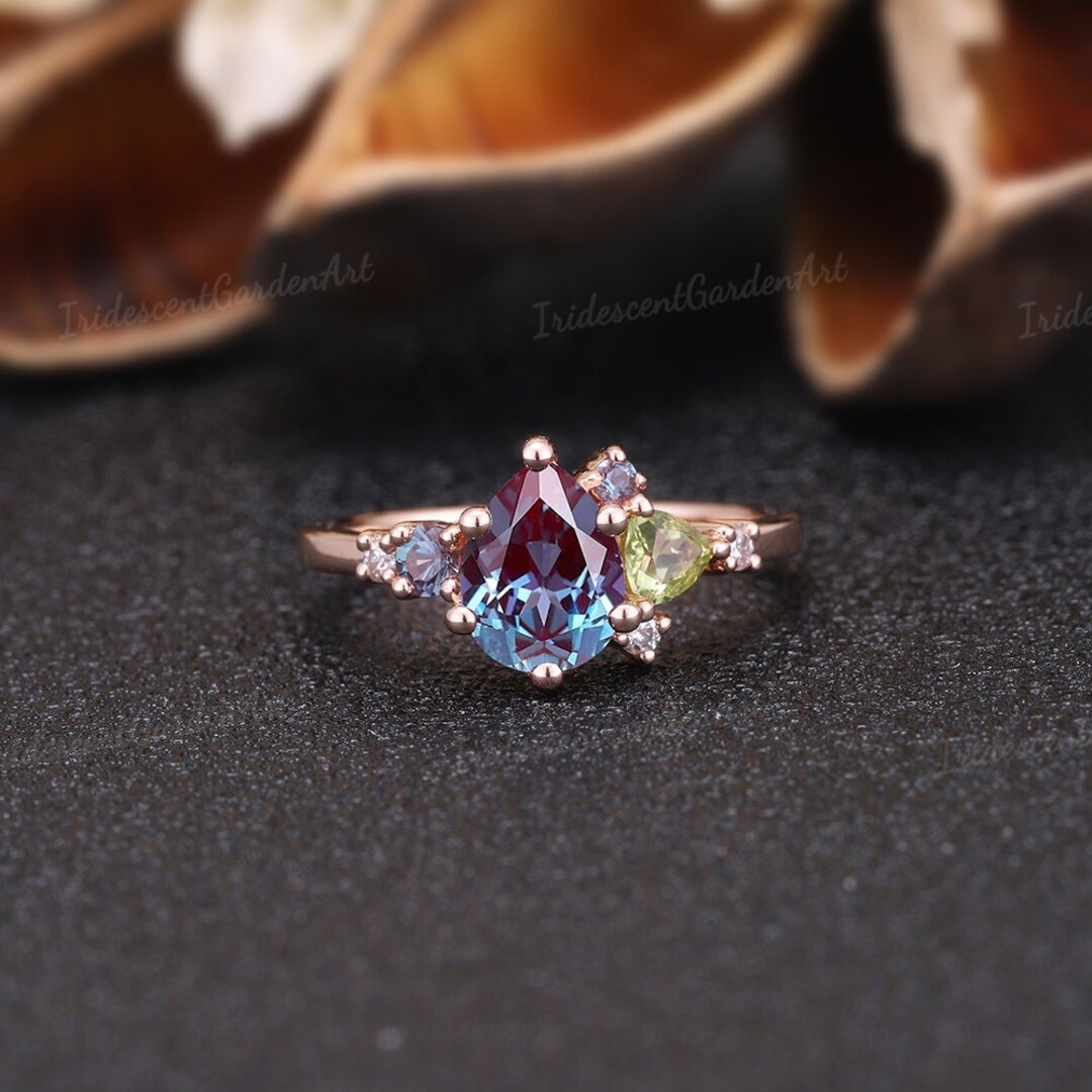 Unique Alexandrite Engagement Rings Peridot Cluster Wedding Ring Purple ...