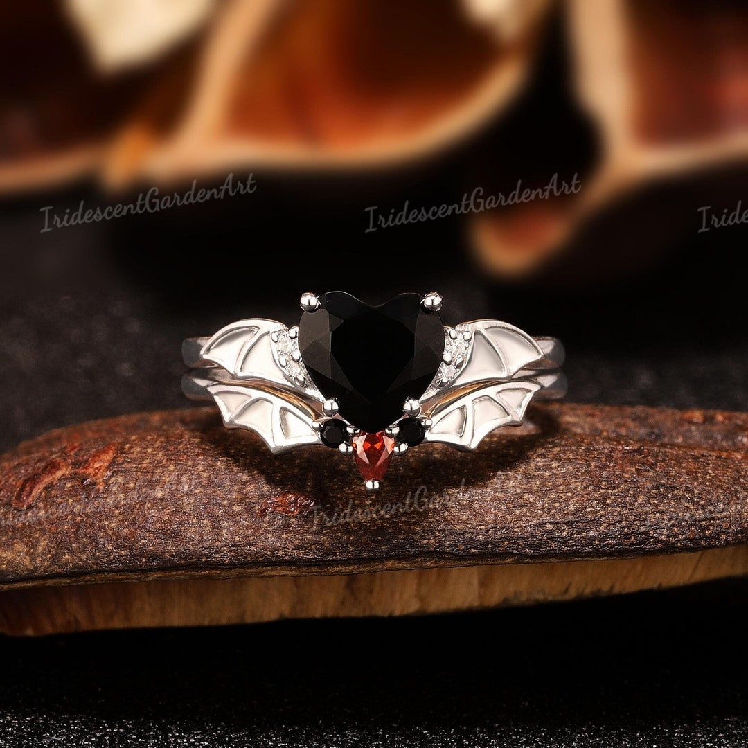 Vampire Heart Shaped Black Onyx Engagement Ring Set Gothic Bat Wings ...