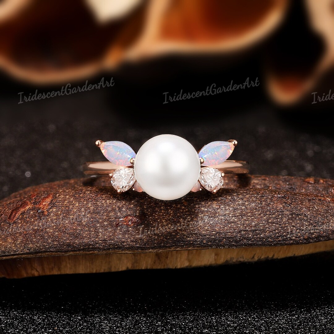 Akoya Pearl Engagement Ring Dainty Opal Ring Solid Gold Moissanite ...