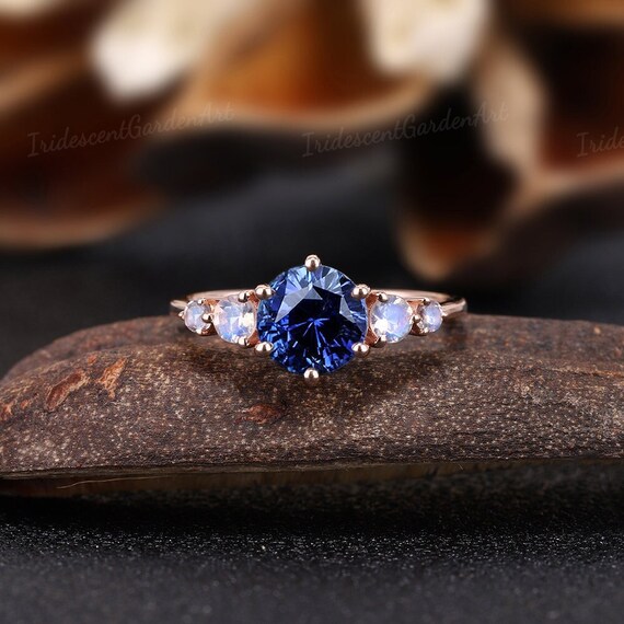 Unique Round Sapphire Engagement Rings Vintage Blue Gemstone - Etsy