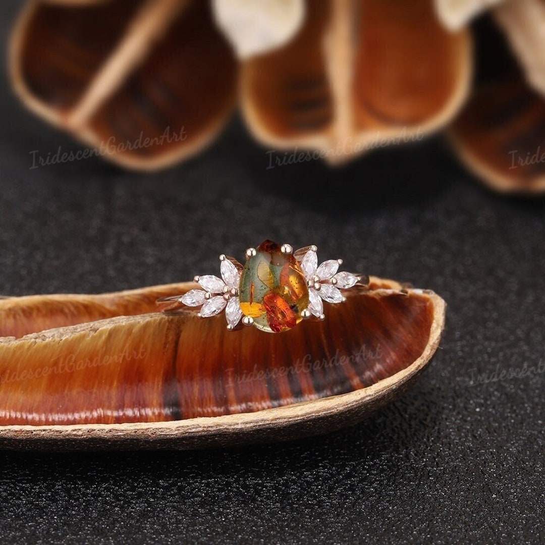Unique Pear Shaped Amber Engagement Ring Vintage 14k Rose Gold ...