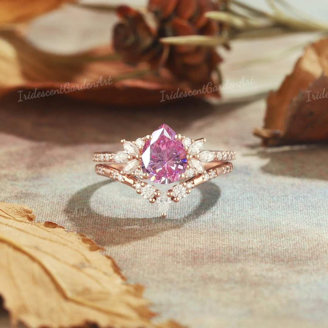 Pink Moissanite Engagement Ring Set Rose Gold Moissanite Wedding Ring ...