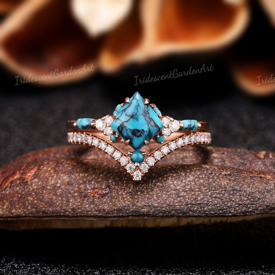Antique Turquoise Engagement Ring Set Kite Shaped Turquoise Wedding ...