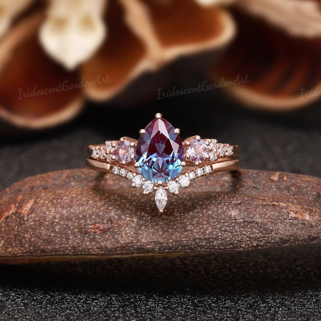 Color Changing Alexandrite Engagement Ring Set, Rose Gold Stackable ...