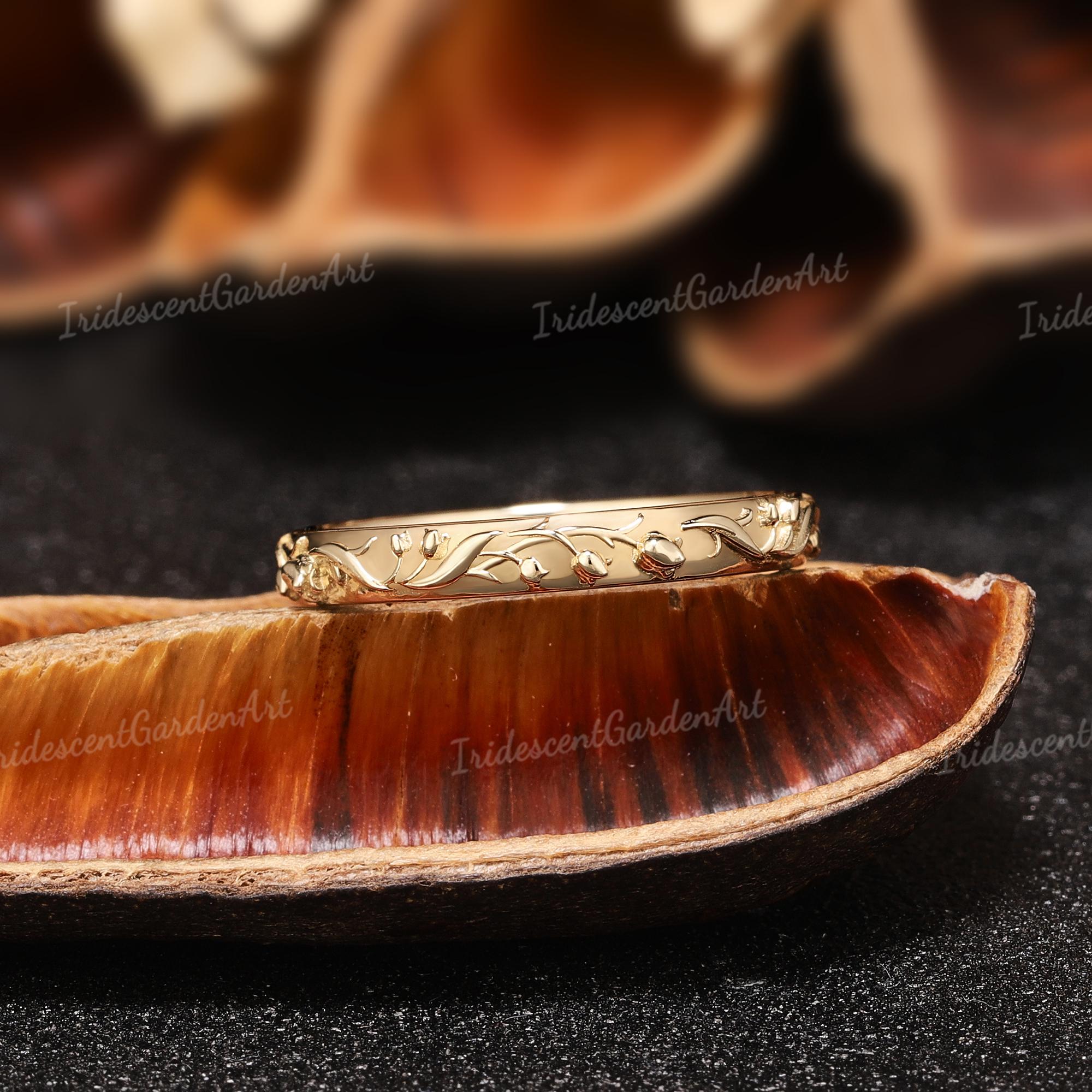 Lily of the Valley Ring Nature Inspired Birth Flowers Gold Wedding Band ...