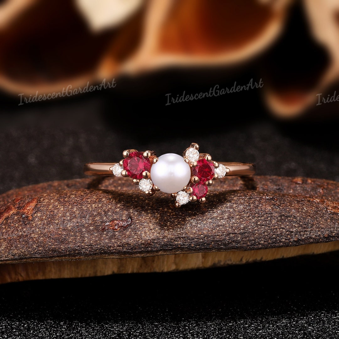Akoya Pearl Engagement Ring Vintage Ruby Gold Wedding Rings for Women Moissanite Cluster Ring ...