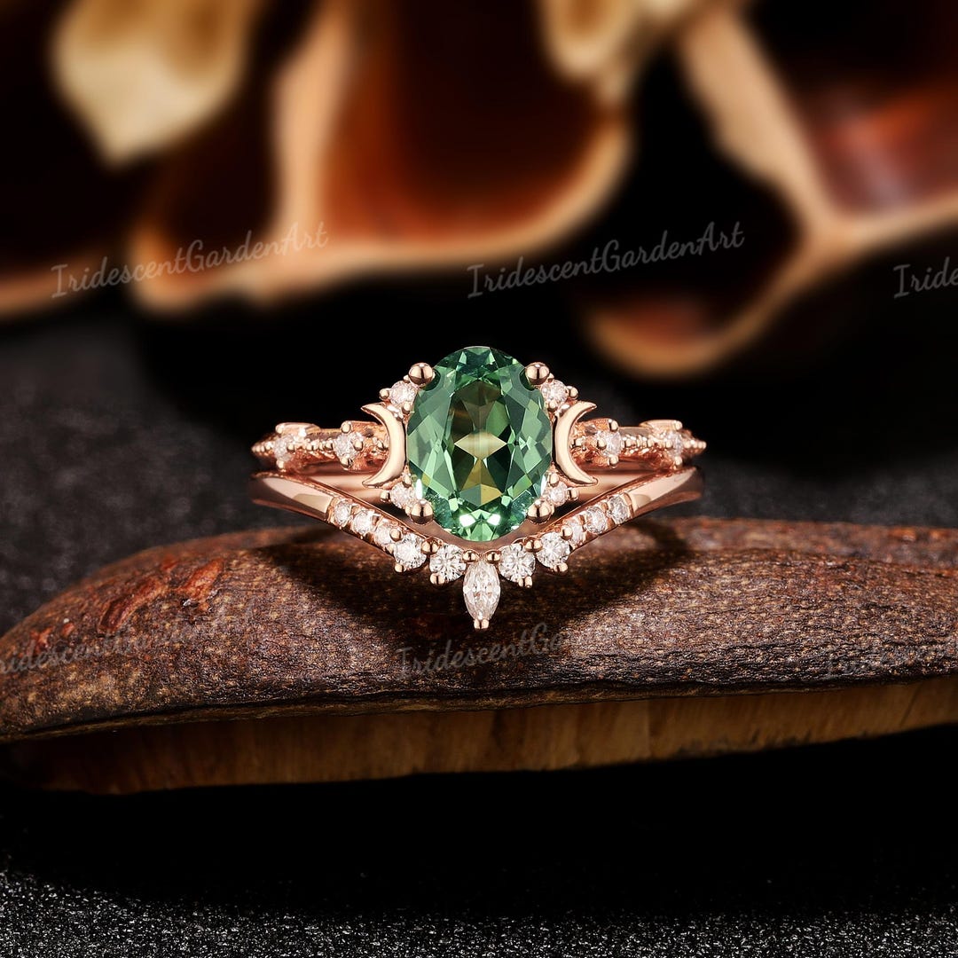 Moon Design Green Sapphire Engagement Ring Set Rose Gold Moissanite ...